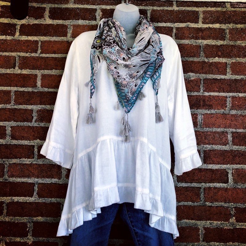 Linen white subtle ruffle hem top (size: M) | EcoChic Boutique